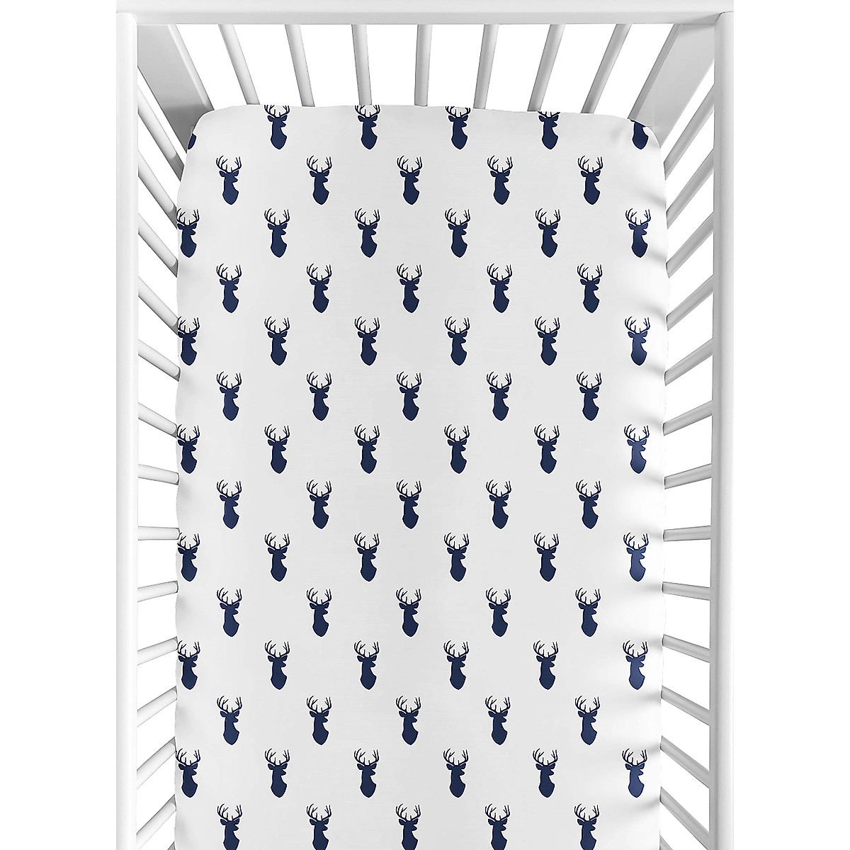 Sweet Jojo Designs Woodland Deer Boy Jersey Stretch Knit Baby Fitted Crib Sheet for Soft Toddler Bed Nursery - Navy Blue and White Forest Animal Stag Antler