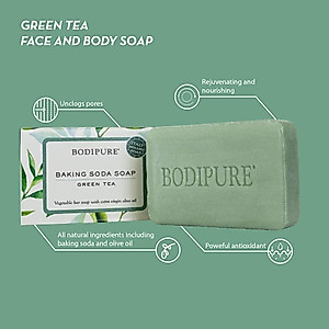 Bodipure Green Tea Bar Soap - Refreshing and Moisturizing Soap For Face and Body - With Olive Oil and Baking Soda 4.4 Ounces, 3 Bars