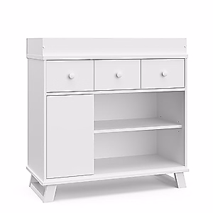 Storkcraft Modern Nursery Changing Table Dresser (White with White) – GREENGUARD Gold Certified, Baby Dresser With Changing Table Top, Dresser for Nursery, Changing Table With Drawers