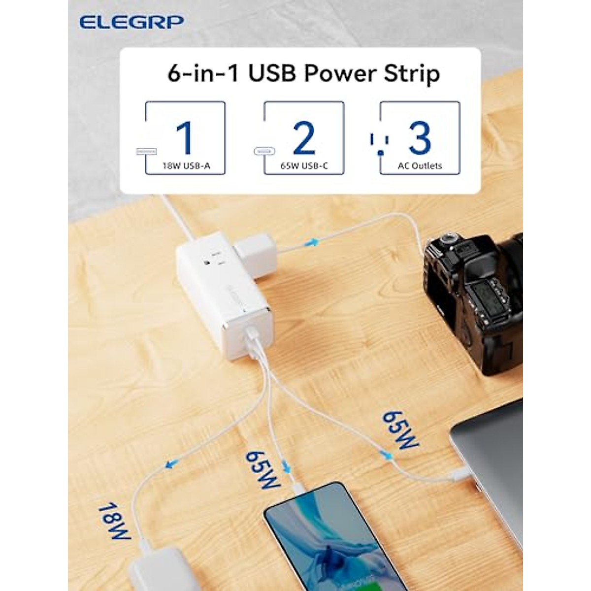 ELEGRP Travel Power Strip with 65W USB C, 3 Outlets 3 USB(2 USB-C), 5ft Extension Cord with 3 Widely Spaced Outlets, 65W USB C Fast Charging Compatible with MacBook, Travel Hotel Cruise Essentials