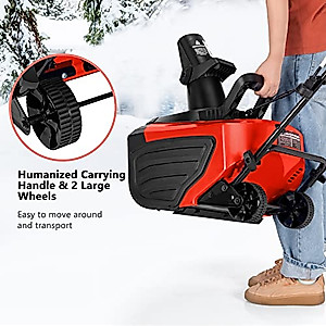 Safstar Snow Blower, Electric Snow Thrower with 180° Chute Rotation & 2 Transport Wheels, 10” Clearing Depth & 18” Width, Power Snow Blower w/30 Feet Throwing Distance, 720Lbs /Minute (Red)