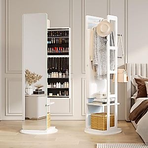 LVSOMT 360° Swivel Jewelry Armoire, Rotatable Full Length Mirror with Jewelry Storage, Standing Jewelry Cabinet with Coat Rack, White, Soild Wood