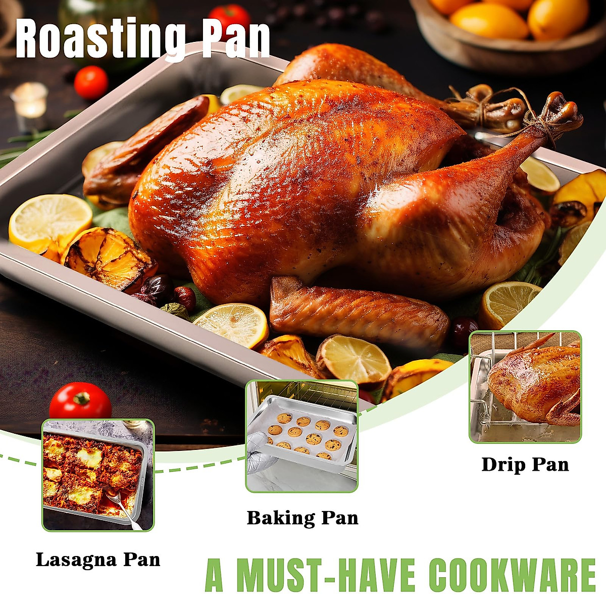 KAMaster 15.5 in 304 Stainless Steel Roasting Pan Non-Stick Big Roaster Pan,Large XLarge Green Eggs Grilling Pan or Drip Pan for Turkey,Durable Baking Pan Lasagna Pan,Dishwasher Safe