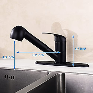 BZOOSIU Stainless Steel Pull Out Sprayer Kitchen Sink Faucet with Deck Plate, Single Lever Low Arch Rv Kitchen Faucet, 1-Hole or 3-Holes Installation Bar Faucets, Matt Black