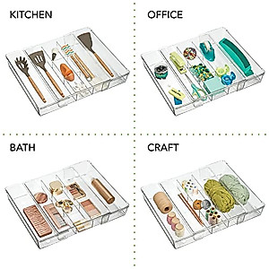 mDesign Dual Expandable Plastic In-Drawer Utensil Organizer Tray Deep 5 Section Divided for Kitchen Organization; Holds Cutlery, Flatware, Silverware, Cooking Utensils, Ligne Collection, Clear