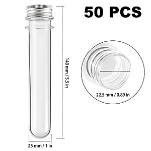 HOZEON 50 PCS 5.5 x 1 inch Clear Plastic Test Tubes with Caps, 40 ml Test Tubes with 50 PCS Sealing Protection Sheets for Plants, Scientific Experiments Candy Storage, Powders, Spices, 140 x 25 mm