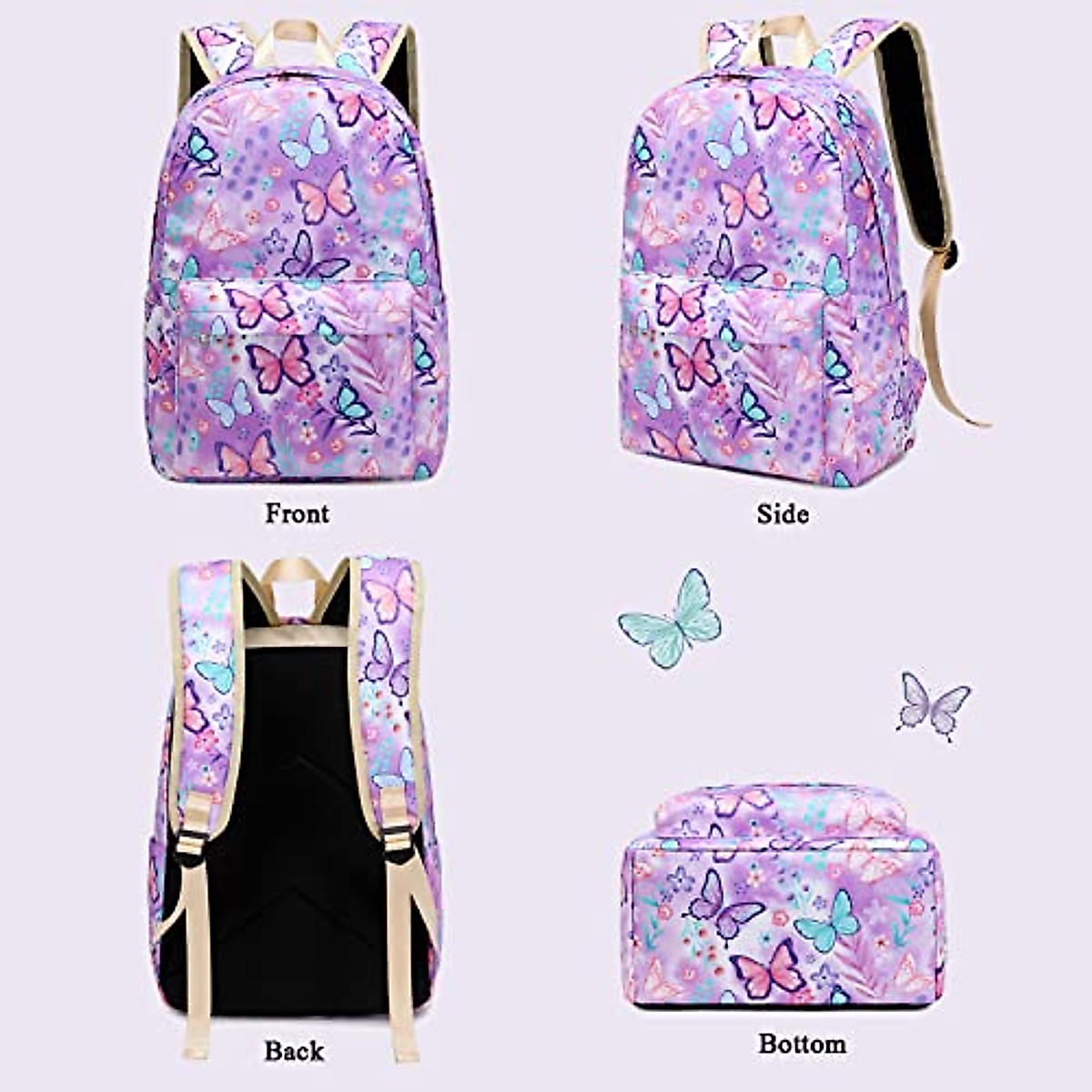 OctSky Backpack for Girls Kids Backpack Elementary Bookbags Teens Middle School Backpack with Lunch Box Water-repellent Lightweight Butterfly Purple