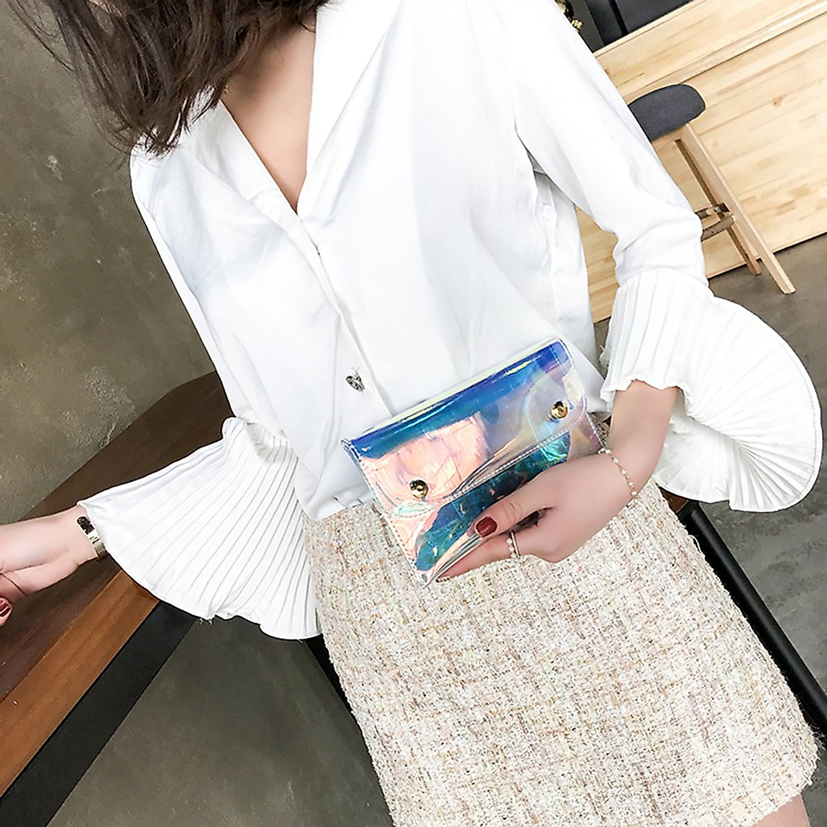 LUOEM Waist Bags Shiny PU Leather Hologram Shoulder Bag Cross-body Chest Bag for Women