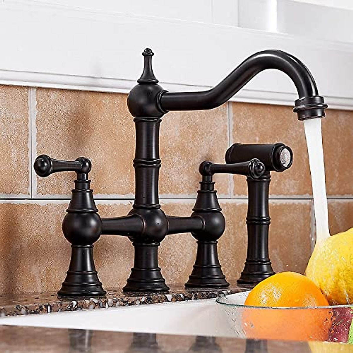 VCCUCINE Oil Rubbed Bronze Bridge Kitchen Faucet Brass with Side Sprayer, Antique Brass 8 Inch Centerset 4 Hole 2 Handle Farmhouse Sink Faucet, Stainless Steel Kitchen Faucets for Sink 3 Hole