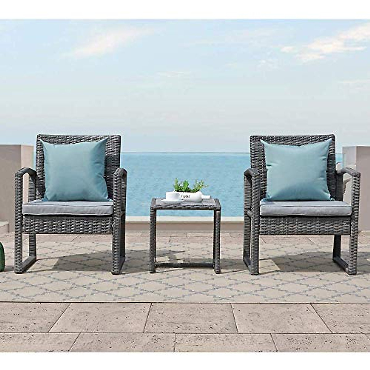 Patiorama 3 Pieces Outdoor Patio Furniture Set, Outdoor Wicker Conversation Set, Patio Rattan Chair Set, Modern Bistro Set with Coffee Table, Garden Balcony Backyard Poolside (Light Gray)