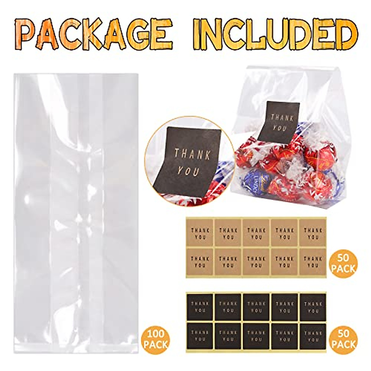 LOKQING Cellophane Treat Bags Cookie bags for Packaging Clear Gift Bags with Stickers for Cookies,Candy,Chocolates（Clear,9x4 INCH)