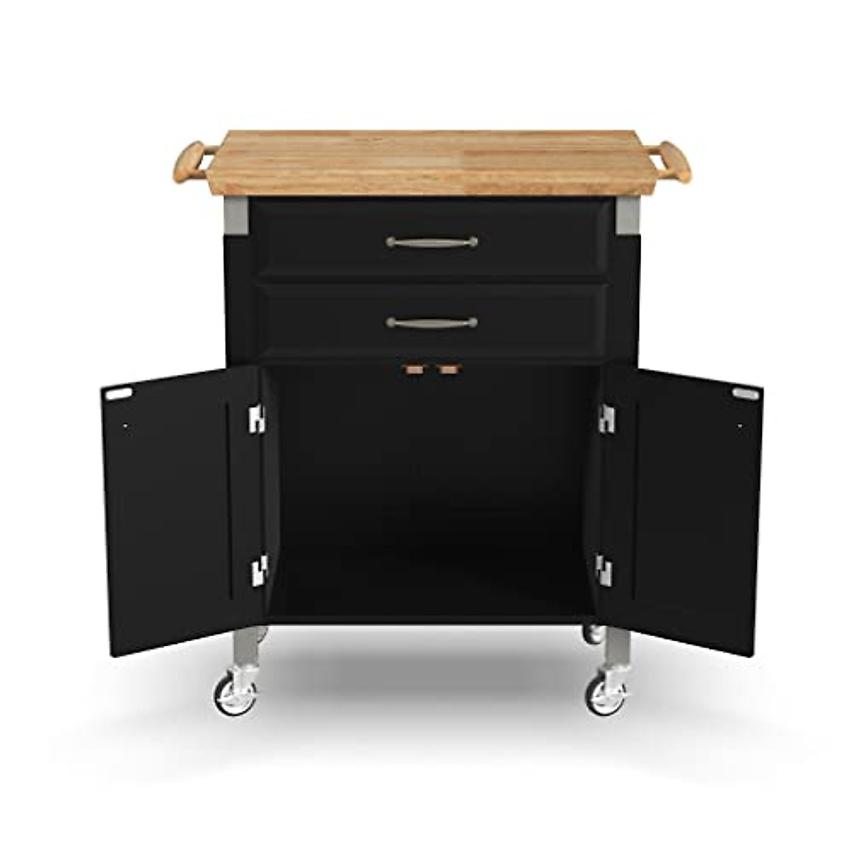 Home Styles Black Dolly Madison Prep and Serve Kitchen Cart with Natural Top, Locking Casters, Two Drawers, Two Storage Cabinets