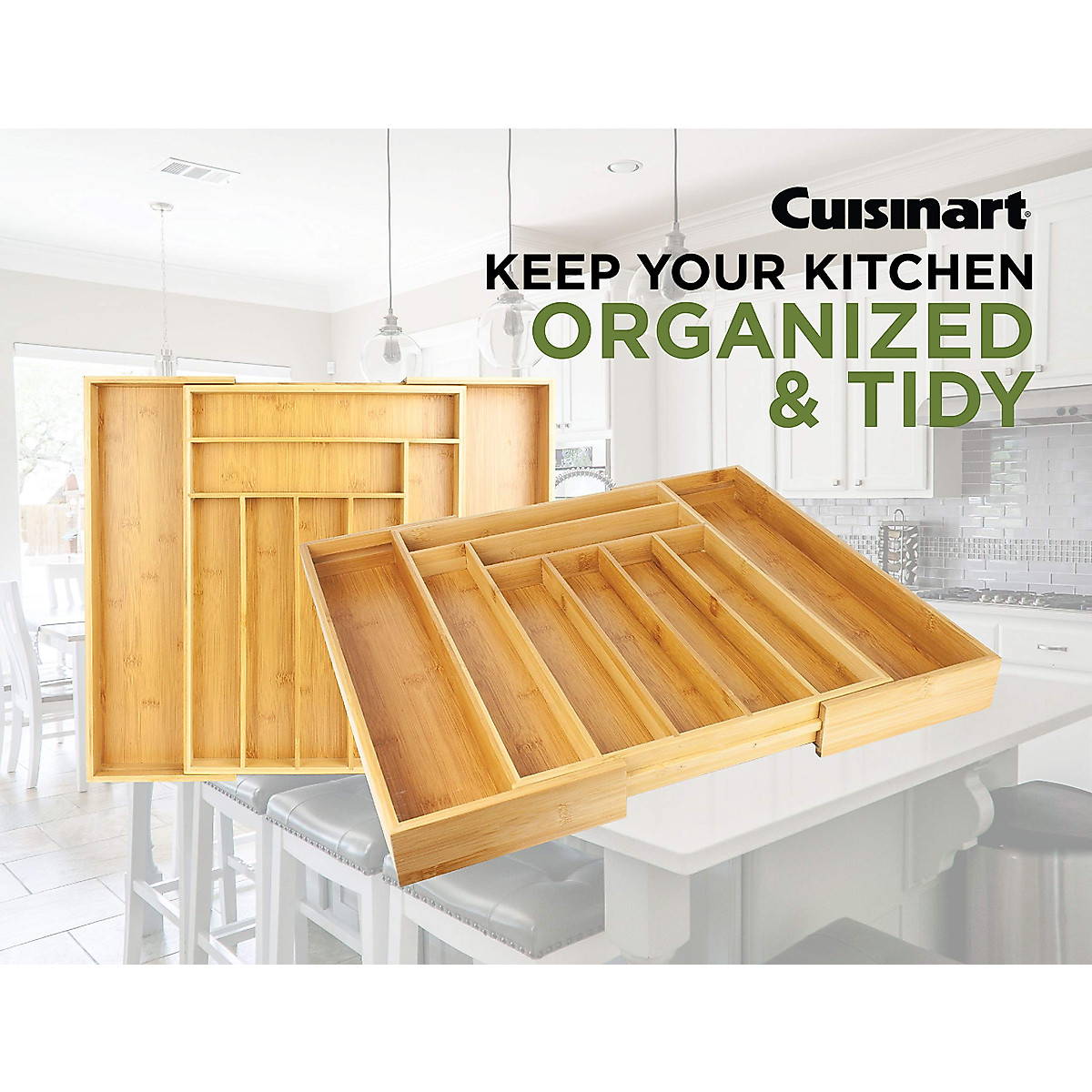 Cuisinart 9 Compartment Adjustable Bamboo Utensil Organizer – Ideal for Keeping Kitchen Supplies and Silverware Organized – Flatware Drawer Tray for Multi-Purpose Storage 18 x 13 x 2 Inches