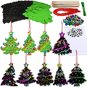 Winlyn 81 Sets Assorted Green Black Magic Color Art Rainbow Scratch Christmas Tree Ornaments Paper Tree Cutouts Ornaments Hanging Tags with Ribbon Scratching Tools for Kids Holiday Art Project Craft