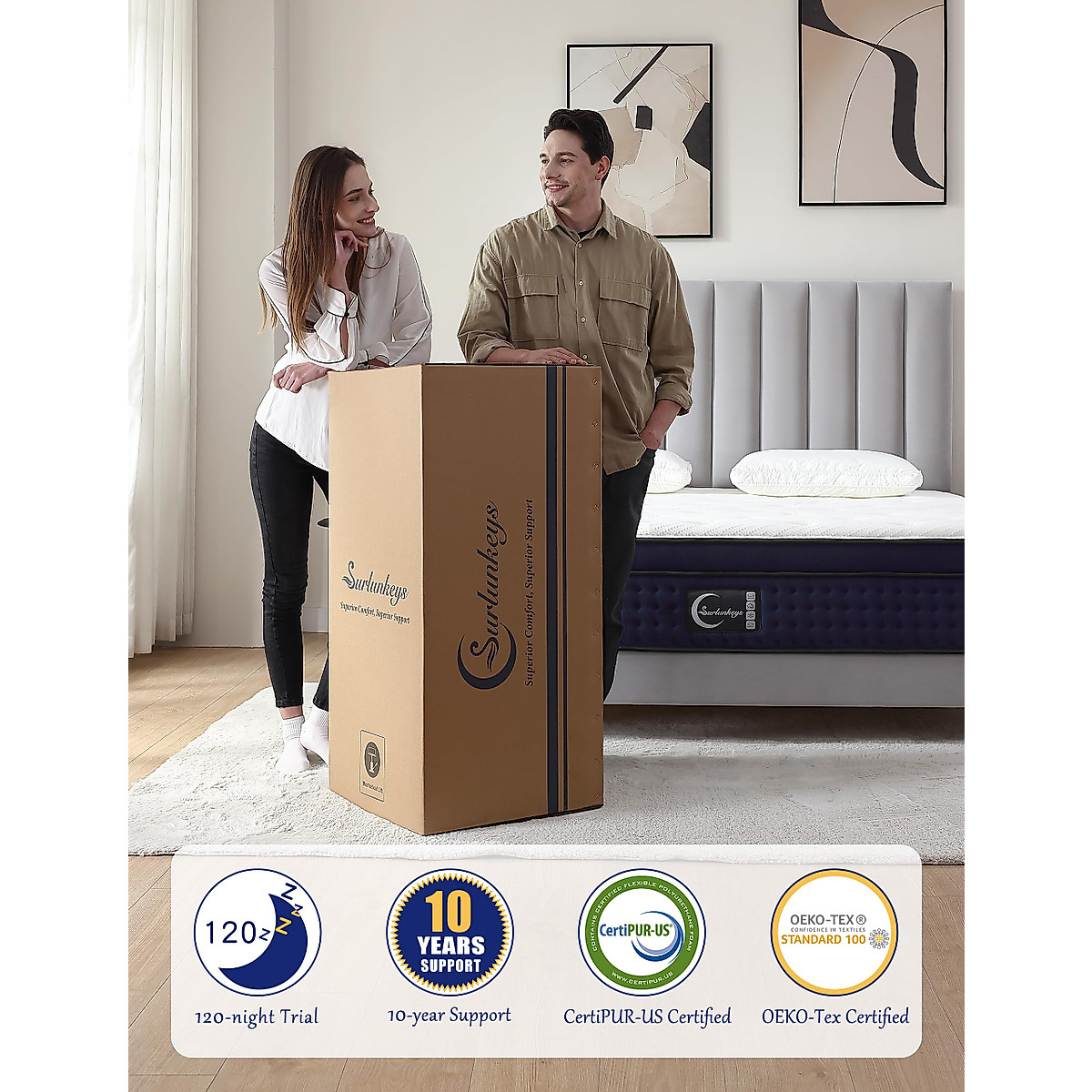 SURLUNKEYS 14 Inch Cal King Mattress - Euro Top Memory Foam Hybrid Mattress with Pocket Spring for Motion Isolating, Medium Firm Mattress in a Box, 120-night Trial