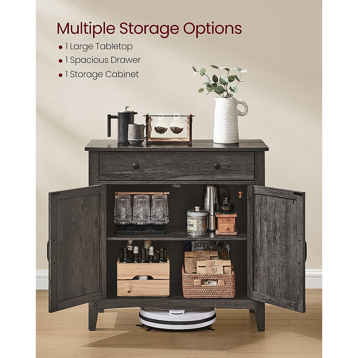 VASAGLE Coffee Bar Cabinet, Kitchen Storage Cabinet with Drawer, Farmhouse Cabinet Sideboard with Adjustable Shelf for Kitchen, Stone Gray UBBK341B02