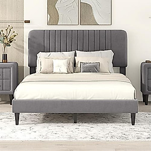 Harper & Bright Designs Full Size Upholstered Platform Bed for Boys Girls Kids Adults, No Box Spring Needed for Boys Girls Kids Adults, Velvet Fabric,Gray