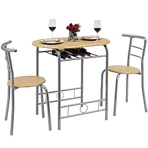 VECELO 3 Piece Wood Round Table & Chair Set for Dining Room Kitchen Bar Breakfast, with Wine Storage Rack, Space Saving, Natural