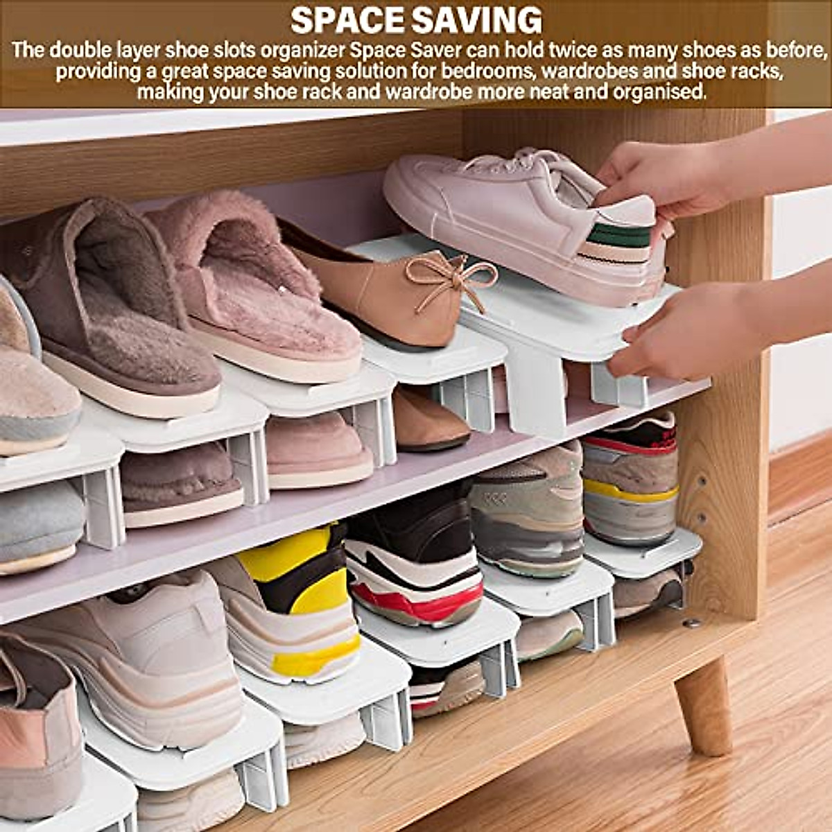 GVCVHVCV 20-PACK Shoe Slots Organizer, New Upgrade Double Layer Shoe Stacker, White Stack Shoe Rack Holder Storage Space Saver for Closet Organization and storage shoes