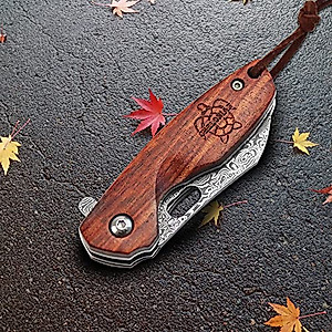 CHELONIAN Mini Damascus Outdoor Pocket Knives with Liner Lock Wood Handle,Gift Box