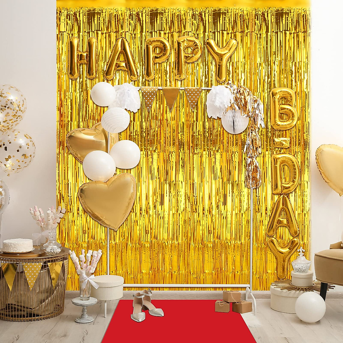 Tegeme Carpet Runner Aisle 2.6 x 30 Feet with Carpet Tape and 4 Pieces of 8.2 x 3.2 Feet Metal Tinsel Tassel Curtains for Halloween Birthday Wedding Party Decoration(Red)