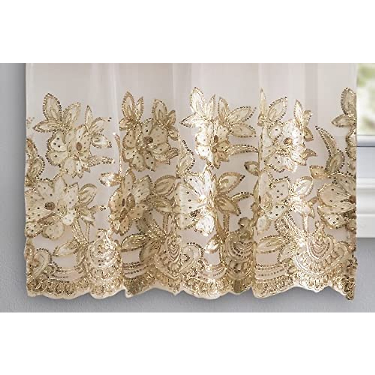 American Linen 3 Piece Embroidered Window Curtain Set, Valance and Tiers, with Embroidery Kitchen, Living Room or Bathroom Curtains, Valances (Gold)