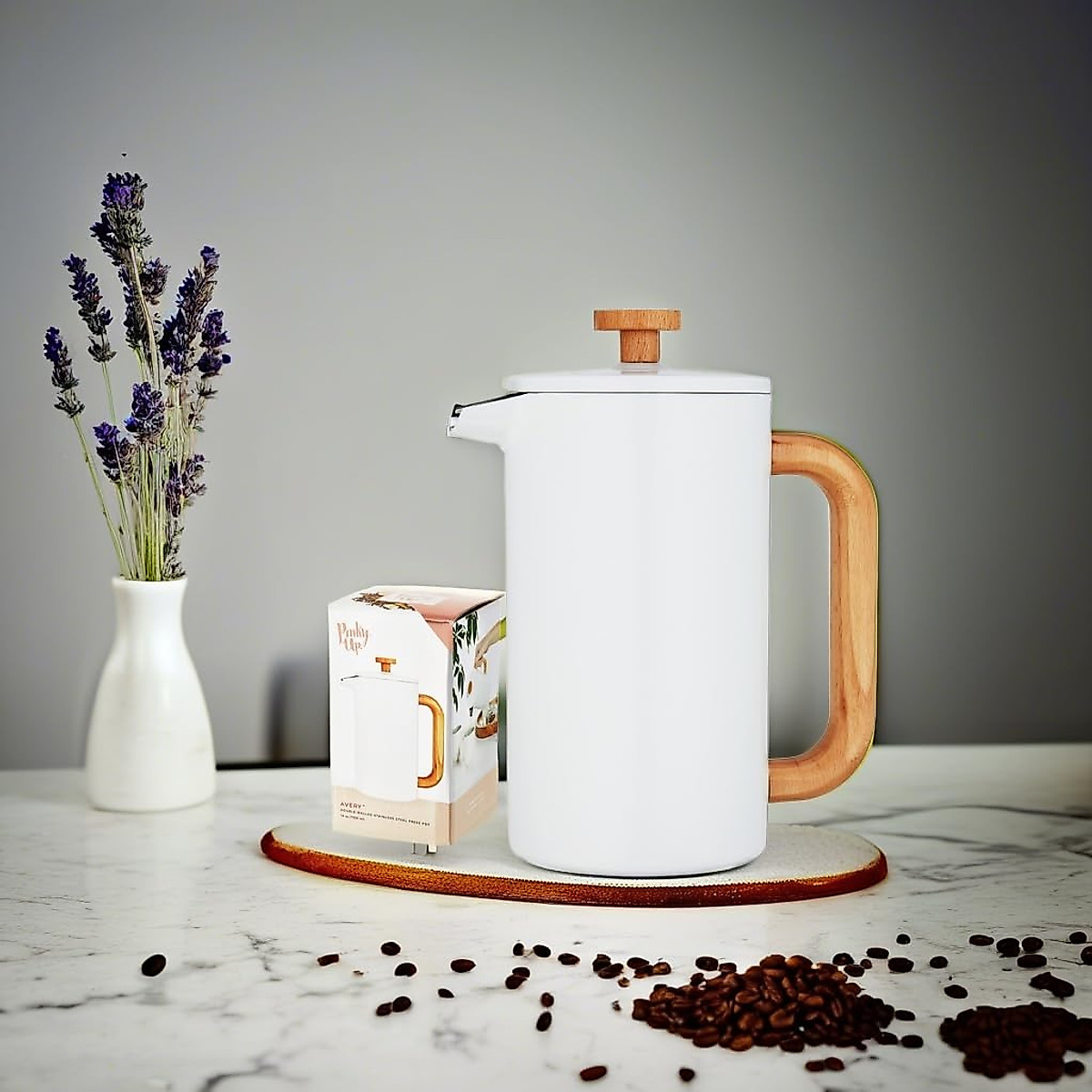 Pinky Up Martha Double Walled Stainless Steel Press Pot Tea and Coffee Maker, Loose Leaf Tea Accessories French Press Brewer, 34 Oz, Set of 1,White