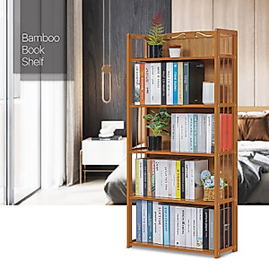 MoNiBloom Bamboo Bookcase with Decorative Carvings, Bamboo 5-Tier Adjustable Book Shelf Stand Storage Organizer for Living Room Kitchen Office Garden, Natural