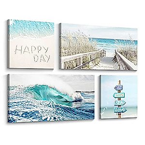 Coastal Canvas Beach Wall Art: 4 Piece Seascape Pathway Painting Surf Ocean Artwork Relax Seaside Street Sign Picture Summer Scenery Holiday Prints for Office Bedroom Bathroom Living Room