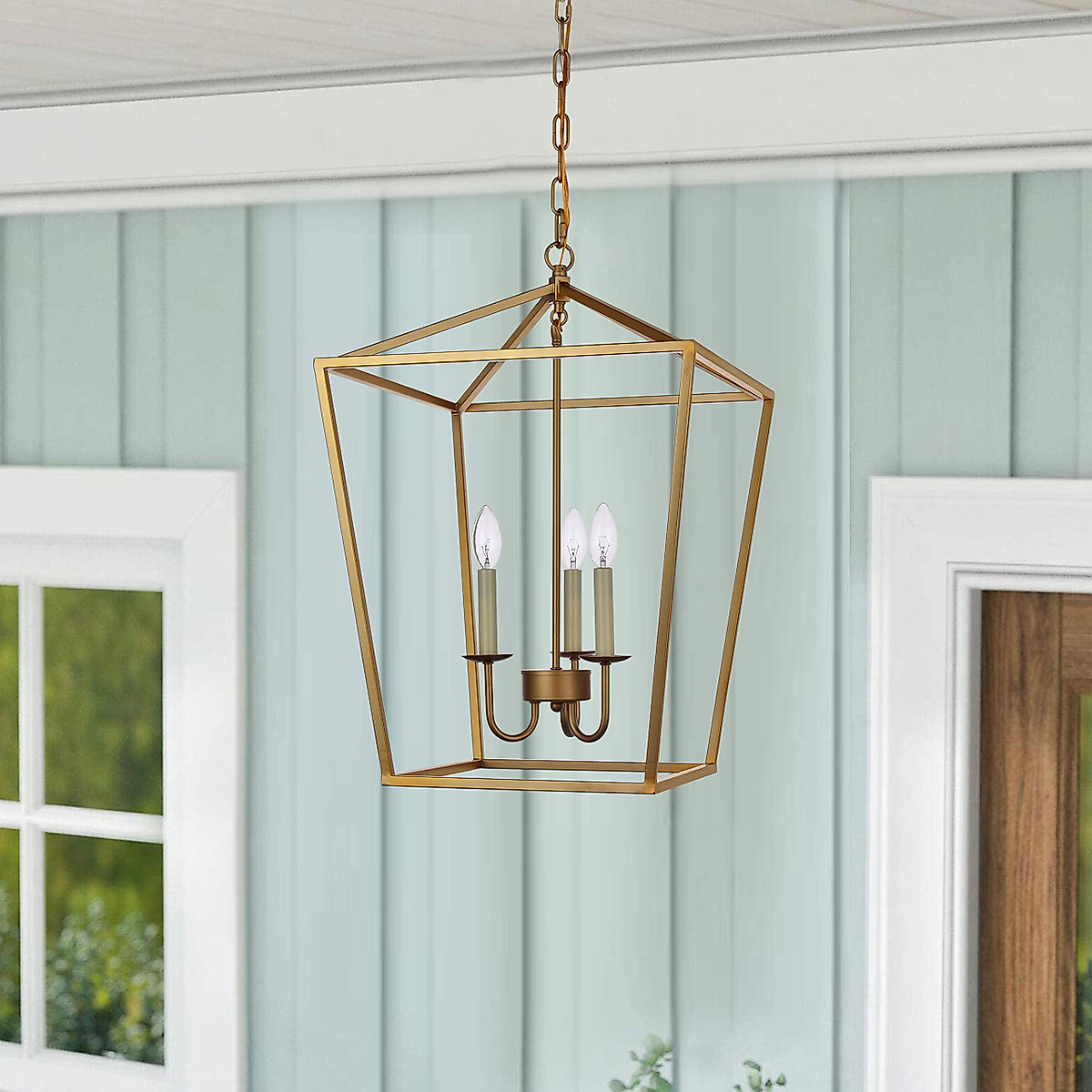 Foyer Lantern Pendant Light Fixture, Dst Gold Iron Cage Chandelier Industrial Led Ceiling Lighting, Size: D17'' H25'' Chain 45''