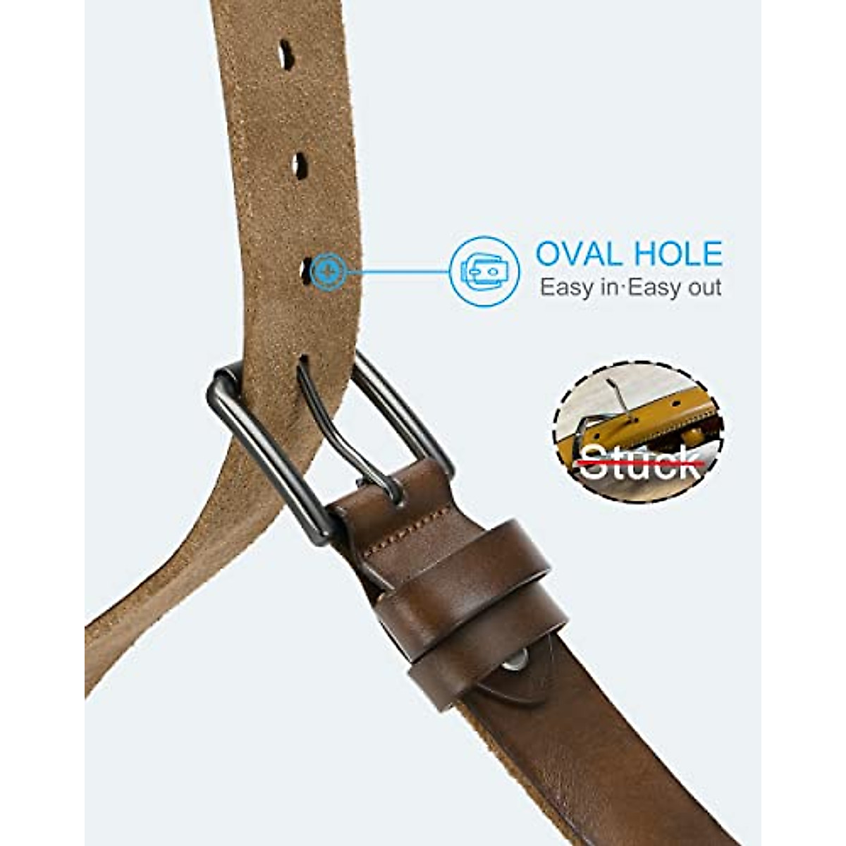 YOETEY Full Grain Leather Belt for Men - Mens Belt Casual 1 1/2" with 100% Italian Cow Leather - Roll Buckle Oval Hole for Smooth Wearing