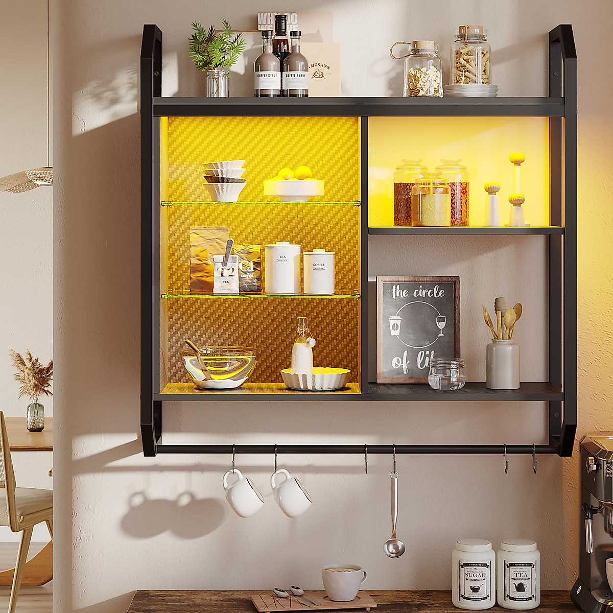 Bestier LED Gaming Floating Shelves, 34" Wall Mounted Shelf Pipe Shelves Hanging Display Rack Bookshelf with 6 S-Hook, Gaming Room Decor Wine Coffee Bar, Black Carbon Fiber