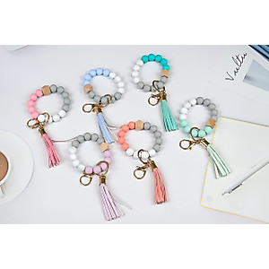 Meroqeel Silicone Beads Key Ring Keychain Bracelet Wristlet for Women, Cute Bead Car Keys Holder Chain Bangle, Stretchy Circle Beaded Keyring for Girls Small Wrist with Leather Tassel - Marble White