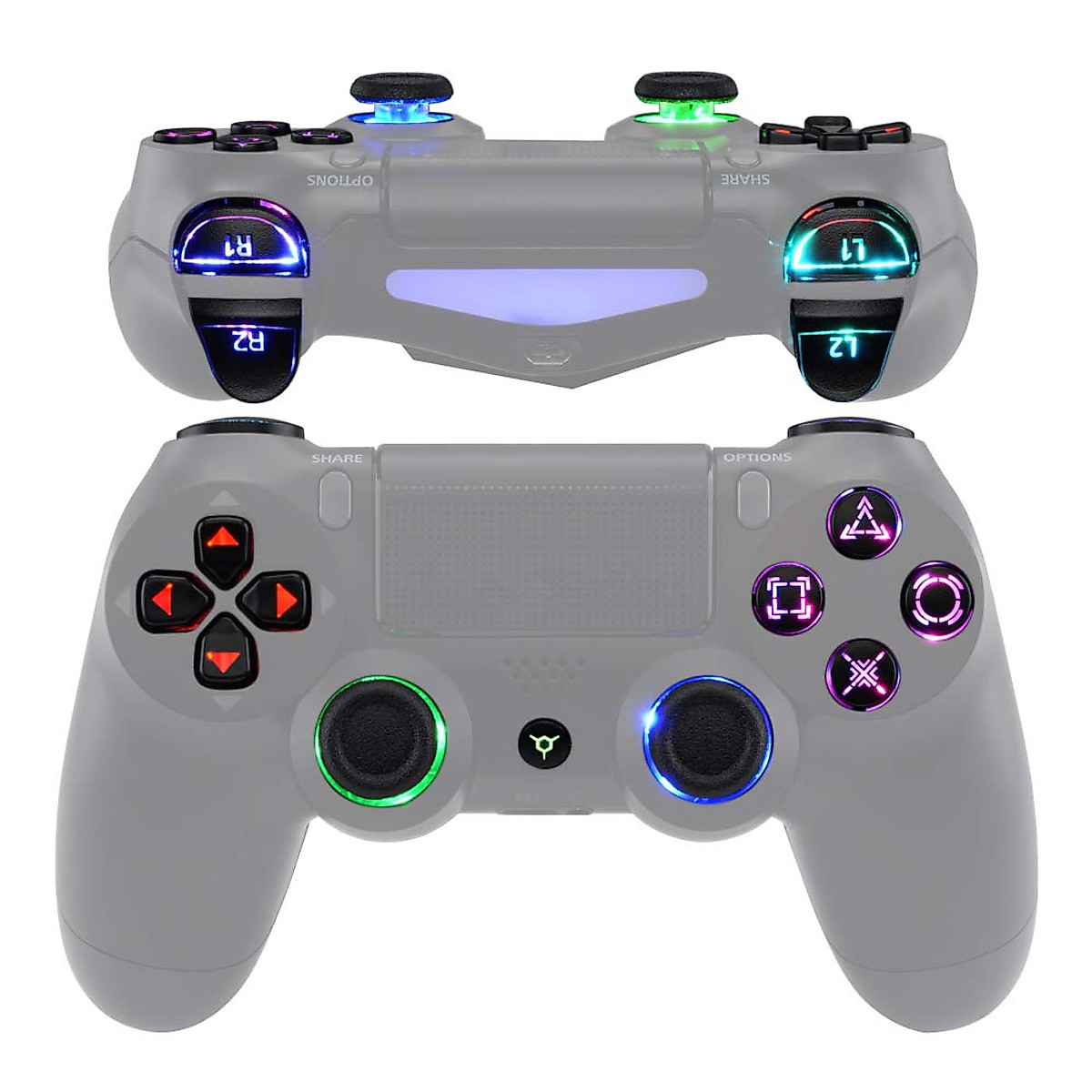 eXtremeRate Multi-Colors Luminated D-pad Thumbstick Trigger Home Face Buttons, Black Classical Symbols Buttons DTFS (DTF 2.0) LED Kit for PS4 Slim Pro Controller - Controller NOT Included