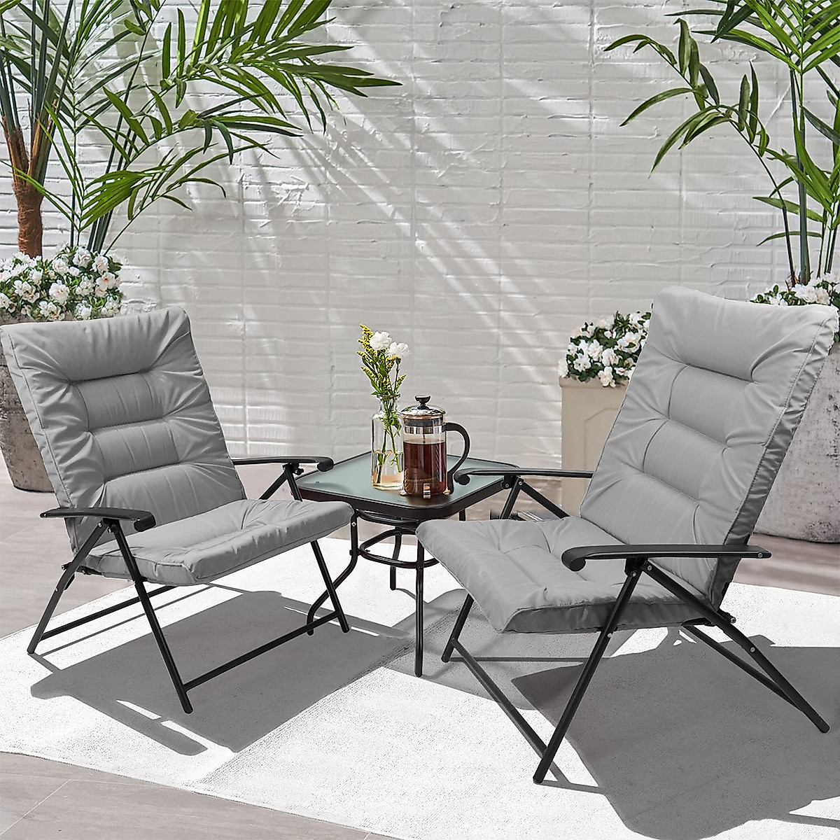 Omelaza 3 Pieces Patio Padded Folding Chair, Outdoor Adjustable Reclining Lounge Chairs with Tempered Glass Table (Grey)