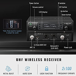 Phenyx Pro Wireless Microphone System, Dual Mic Set with Handheld/Bodypack/Lapel Mics,Auto Scan, 2x100 UHF Frequencies,328ft Range,Cordless Microphone for Singing, Karaoke, Church(PTU-71-1H1B)