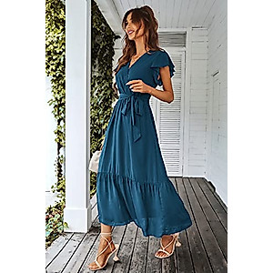 PRETTYGARDEN Women's 2023 Floral Boho Dress Wrap V Neck Short Sleeve Belted Ruffle Hem A-Line Flowy Maxi Dresses (Solid Lake Blue,X-Large)