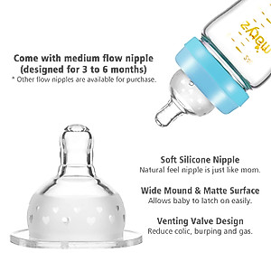 Matyz Glass Breastmilk Baby Feeding Bottle with Nipple, 4 Pack, 8 oz Slim and Light Bottle Easy to Hold, Food Grade Borosilicate Glass, Wide Neck Easy to Clean, No BPA (Blue Lids)