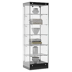 Displays2go Display Show Case with LED Lighting, Glass Shelves, Locking Door, MDF Top & Base – Clear & Black (GTAP24LEDB)