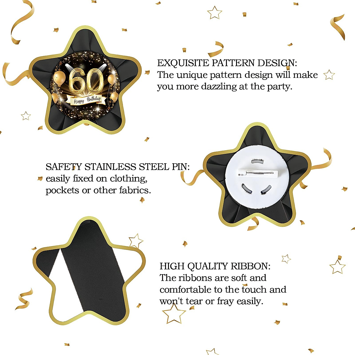 Black Happy 60th Birthday Tinplate Badge Pin, Black Rosette Birthday Button for Men Women, Golden Balloon 60th Birthday Award Badge Pin, Sixty Years Old Birthday Party Decorations