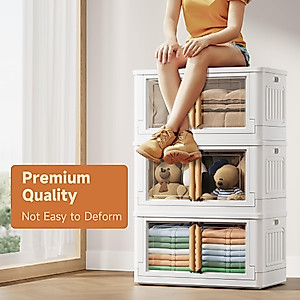 BTGGG Collapsible Storage Bins with Lids - 20 Gal Stackable Storage Bins Open Front - Foldable Closet Storage Box with Door - Plastic Storage Containers for Toys, Clothes (3 Pack)