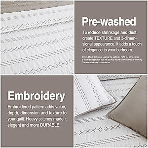 Querencia Cotton Quilt King Size - Embroidered Light Weight Quilt for Summer, Striped Quilt Cotton Coverlet, Quilted Comforter Set Gray Bedspread Farmhouse Bedding Cali, 3 Piece (Opal Grey & White)