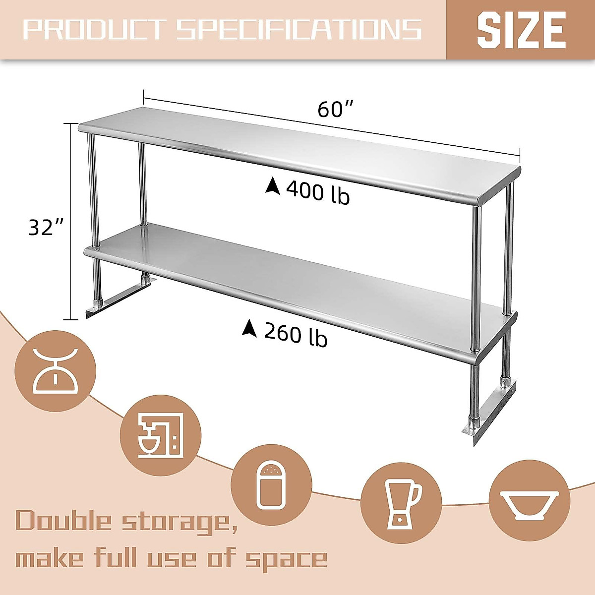 HALLY Double Overshelf of Stainless Steel 12'' x 60'' Weight Capacity 400lb, Commercial 2 Tier Shelf for Prep & Work Table in Restaurant, Home and Kitchen