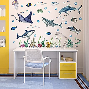 3 Pieces Large Watercolor Sharks Wall Decals Ocean Animal Peel and Stick Wall Sticker Under The Sea Marine Life Theme Decals Nursery Room Home Decor Boy Girl Kid Party Supply, 11.2 x 34.6 Inches