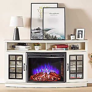 AMERLIFE Curved Fireplace TV Stand with 26'' Electric Fireplace, Media Entertainment Center Farmhouse Glass Door Storage Cabinet, Open Shelve Console Table for TVs up to 65'', Distressed White, 59''