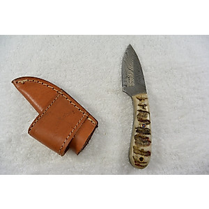 Texan Knives Damascus Steel Short Skinner Knives Fixed Blade Knife with Sheep's Horn Handle Includes Leather Sheath, 6.75" L