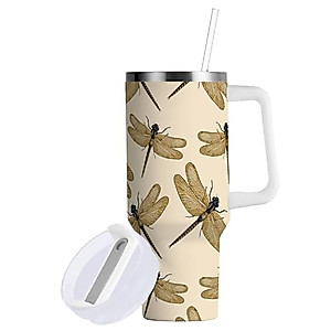 DIGTIA Stainless Steel Insulated Tumbler w/Handle & Straw, Dragonfly Double Wall Vacuum Travel Coffee Mug Cup w/Lid, Leak-Proof Sports Beige Water Bottle,40oz