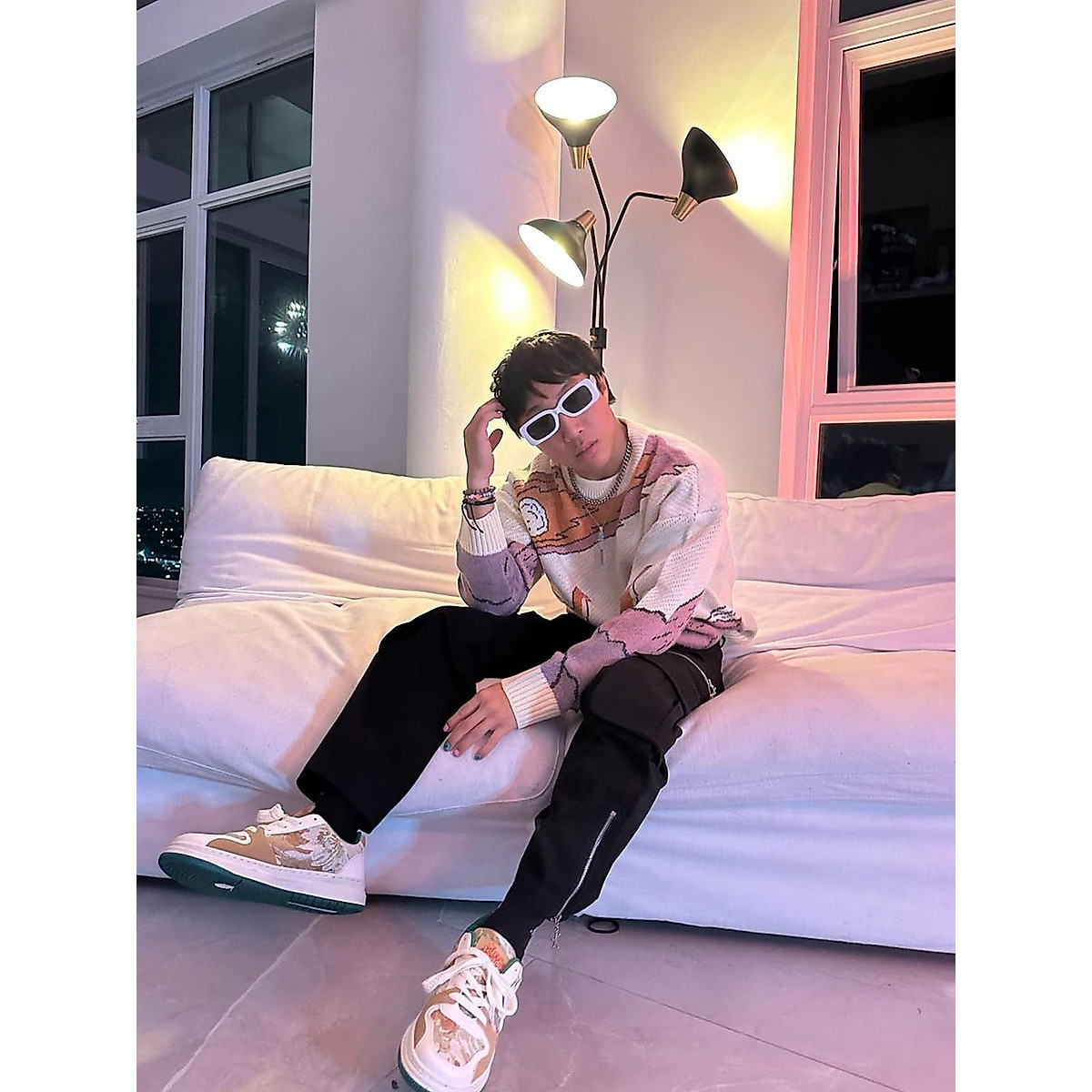 Aelfric Eden Men's Oversized Dinosaur Knit Sweater Vintage Cartoon Pullover Sweater Long Sleeve Christmas Sweater