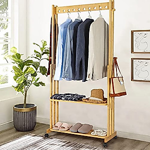 LUCKWIND Freestanding Garment Rack Clothes Racks, Rolling Clothing Racks for Hanging Clothes, Wooden Hanger with 2-Tier Shelves, Shoe Clothing Storage Organizer for Entryway