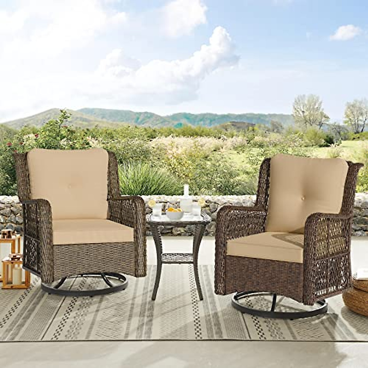 MOOLINCO 3 Pieces Swivel Rocking Chairs Set, Patio Furniture Set, with 2 Wicker Chairs, a Coffee Table and 2 Cushions, Indoor and Outdoor Universal Wicker Rocker (Khaki)